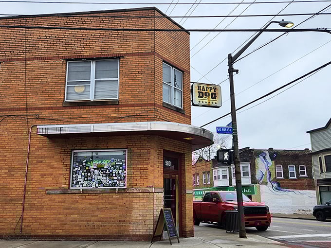 The unassuming brick corner building with its vintage yellow sign doesn't scream "culinary destination," but that's exactly what makes Happy Dog's exterior so perfectly Cleveland.