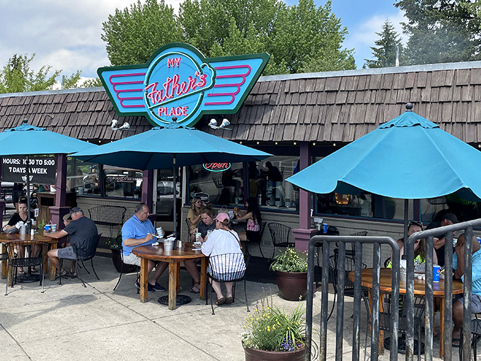 Summer in McCall means outdoor dining under those signature blue umbrellas, where burgers and mountain air create perfect harmony.