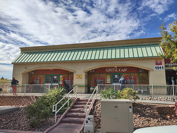 The unassuming exterior of Gritz Cafe stands like a culinary oasis in the desert, promising Southern comfort far from the neon glow of the Strip.