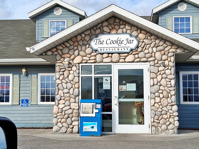 Stone meets sky-blue siding at The Cookie Jar's welcoming entrance. Like finding a warm cabin during an Alaskan winter&mdash;instantly comforting and promising good things inside.
