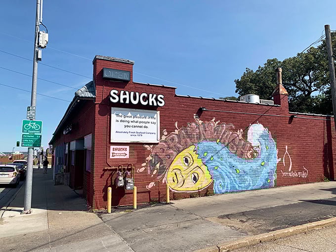 The unassuming red brick exterior of Shucks Fish House hides seafood treasures that would make coastal restaurants blush with envy.