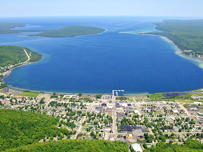 Aerial view that makes you wonder: did someone accidentally drop a piece of Mediterranean paradise into Michigan's Upper Peninsula? Those blues don't lie.
