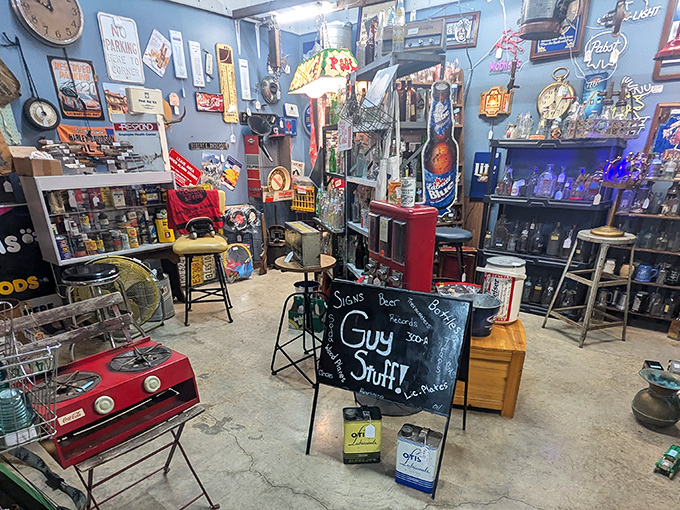 Welcome to "Guy Stuff!" where vintage beer signs, classic clocks, and nostalgic advertising create the ultimate man cave starter kit that wives secretly love too.