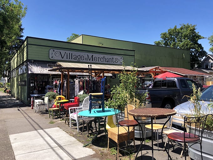 The outdoor furniture display beckons passersby like a yard sale curated by design geniuses. That turquoise table? It's calling your name.