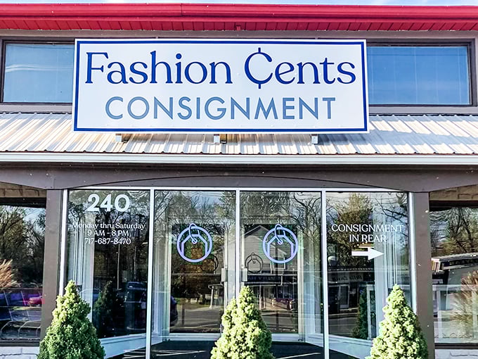 The bright red trim and bold blue signage of Fashion Cents Consignment beckons bargain hunters like a lighthouse for the fashion-savvy and budget-conscious.