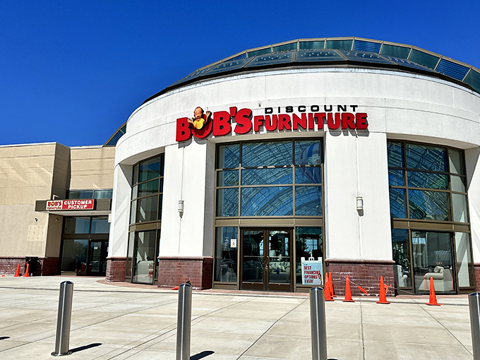 The distinctive curved architecture of Bob's Wilmington location makes it impossible to miss, like a furniture spaceship that's landed in Delaware.