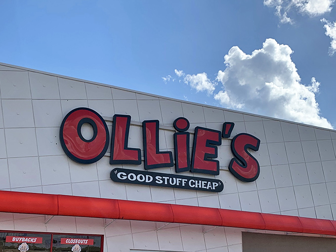 The iconic red Ollie's sign beckons bargain hunters like a lighthouse guiding ships to shore. "Good Stuff Cheap" isn't just a slogan&mdash;it's a solemn promise.