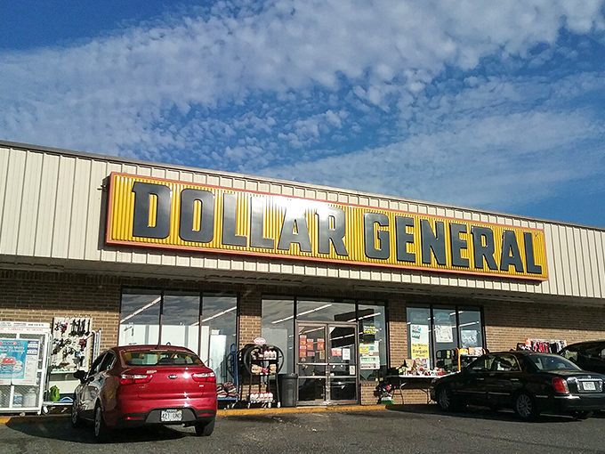 The iconic yellow and blue sign stands out against the Arkansas sky, promising treasures within that won't break the bank.