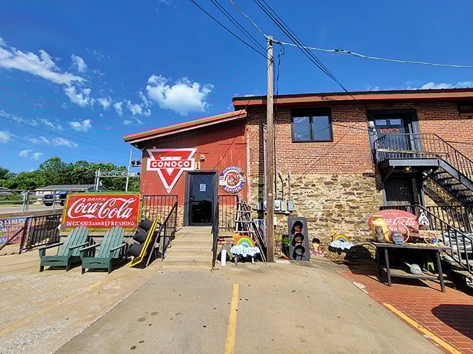 The iconic red exterior with its vintage Conoco sign is like a beacon for treasure hunters. History and bargains await behind those weathered walls.