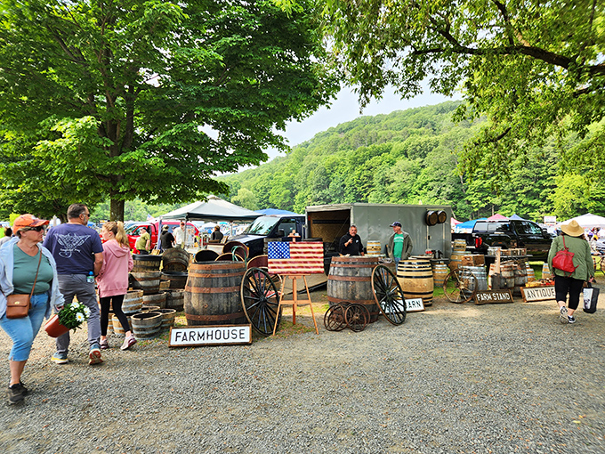 Rustic farmhouse treasures and Americana collectibles draw shoppers against the backdrop of Litchfield County's lush green hills.