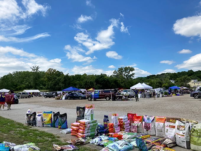 The treasure hunter's paradise stretches out under Kansas skies, where bags of pet food sit like sentinels guarding the entrance to bargain heaven.