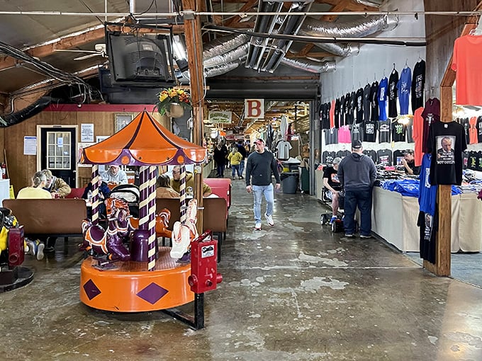 Winding aisles at Flea Land lead treasure hunters past colorful carousel displays and t-shirt vendors, promising discoveries around every corner.