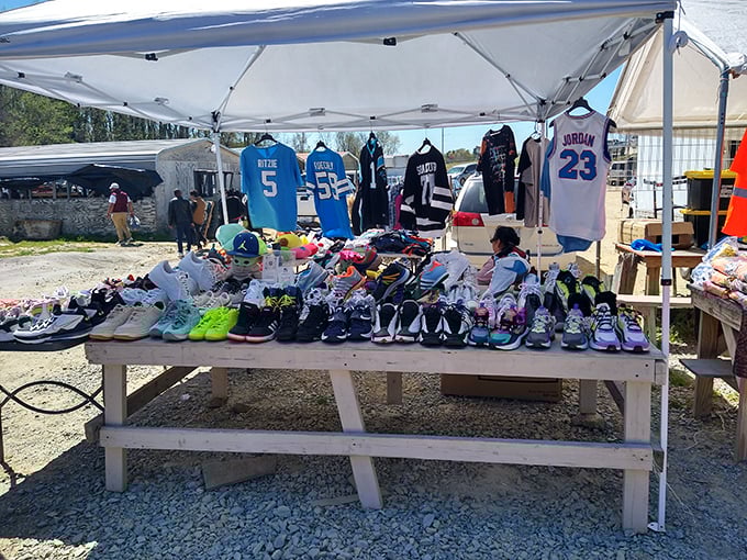 Sports memorabilia meets footwear fashion&mdash;jerseys hanging proudly above a sea of sneakers for the discerning collector.