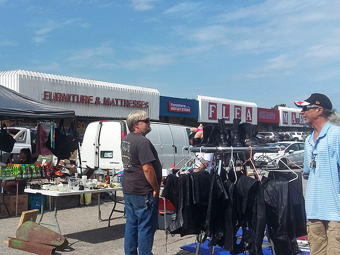 The outdoor vendor area at Good Vibes Collectibles buzzes with activity under the Oklahoma sky. Treasure hunting begins the moment you step out of your car.