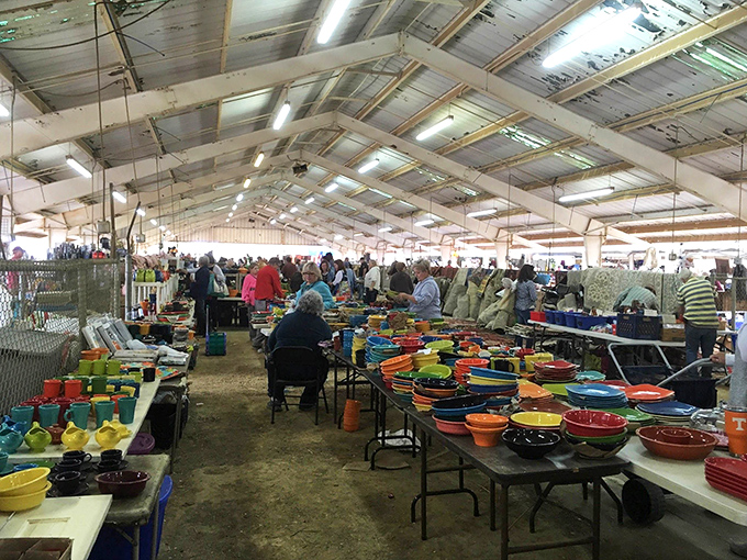 A rainbow explosion of ceramic bowls creates an impromptu art installation. Like a geological dig through decades of American kitchenware, each piece tells its own colorful story.