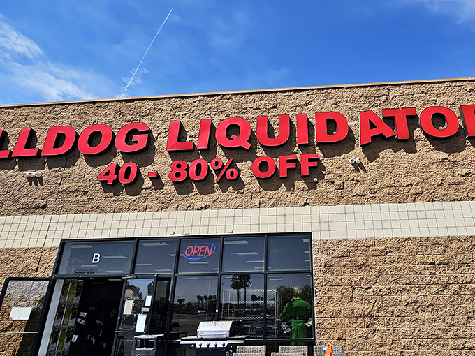 That bold red signage isn't just advertising discounts&mdash;it's practically daring you to drive past without stopping in.