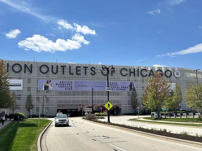 The Fashion Outlets of Chicago stands proudly against the Illinois sky, like a modern-day treasure chest where credit cards go to have adventures.