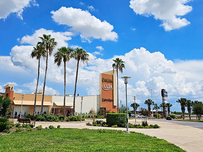 Swaying palm trees welcome shoppers to Ulta Beauty and other favorite stores under perfect South Texas skies.
