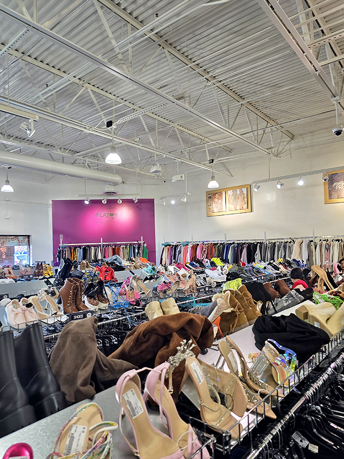 Shoe heaven awaits! Rows of gently-loved footwear stretch as far as the eye can see, each pair holding the promise of fashion without financial regret.