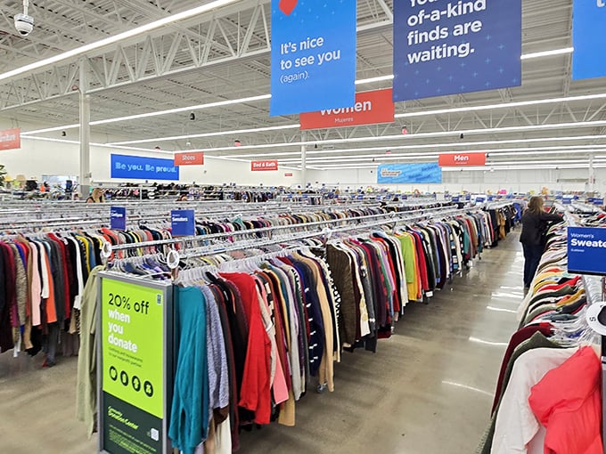 Rows upon rows of colorful clothing stretch to the horizon like a textile rainbow. Treasure hunting has never looked so organized or promising.