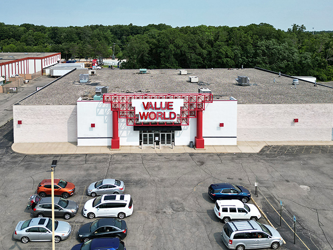The unmistakable red and white facade of Value World stands like a beacon of bargain possibilities in Westland's retail landscape.