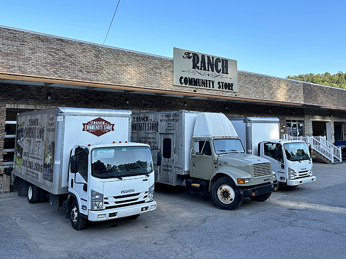 Fleet of white trucks emblazoned with The Ranch logo &ndash; the cavalry that delivers secondhand salvation to Morgantown.