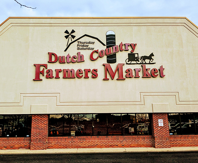 The iconic red signage of Dutch Country Farmers Market promises an authentic slice of Pennsylvania Dutch culture right in the heart of Middletown.