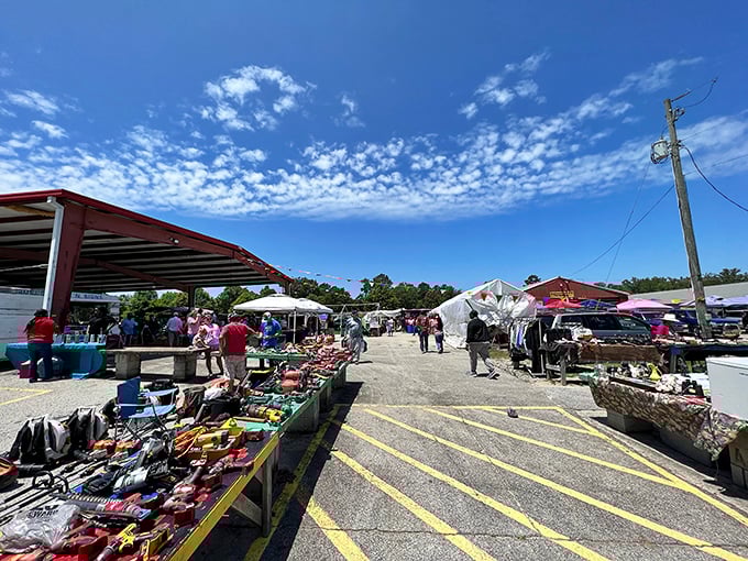 The bustling main thoroughfare at Smiley's, where shoppers navigate a colorful gauntlet of treasures and temptations. Weekend warriors unite!