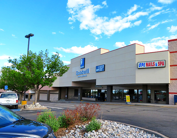 The Thornton Goodwill's clean exterior promises treasure hunting adventures within. Blue skies and bargains await Colorado shoppers.