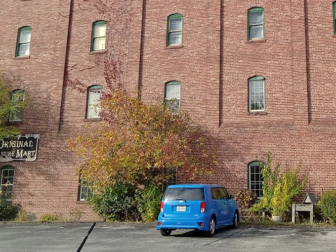 The historic brick facade of Original Treasure Mart stands like a monument to bargain hunters everywhere, promising treasures behind those weathered walls.