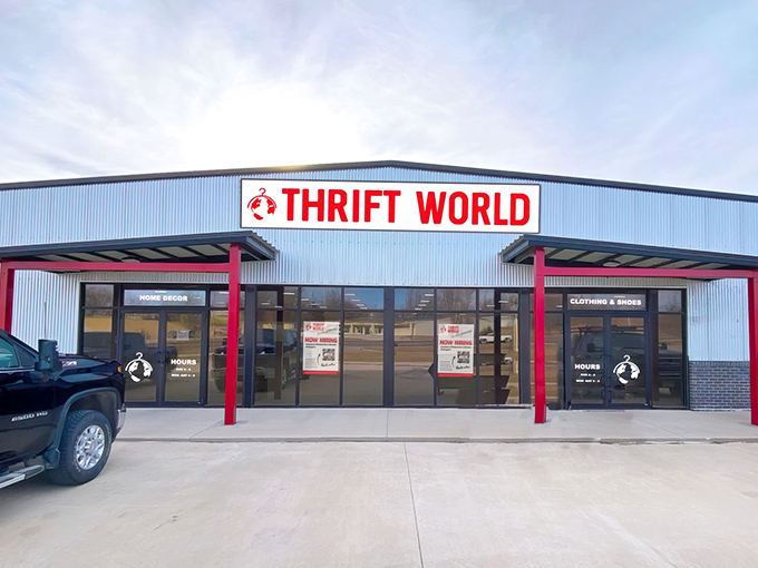 The unassuming exterior of Thrift World belies the treasure trove within—like finding a gourmet meal at a roadside diner.