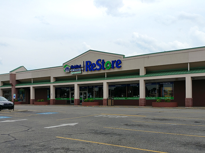 The welcoming facade of Louisville's Habitat ReStore beckons bargain hunters with promises of treasures waiting inside.