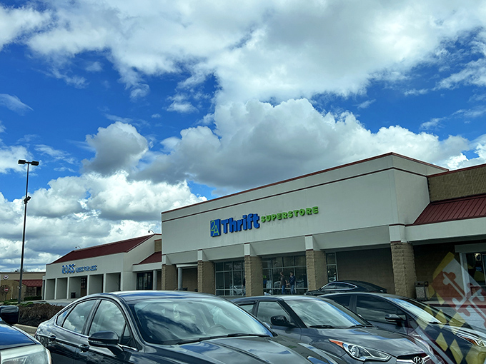 The unassuming exterior of 2nd Ave Thrift Superstore in Columbia belies the treasure trove waiting inside. Blue skies promise adventure for bargain hunters.