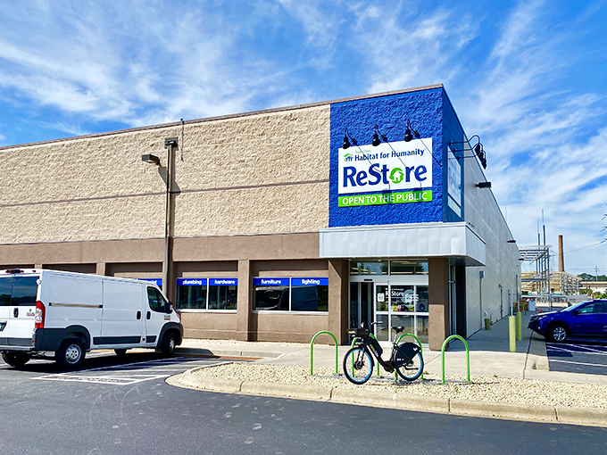 The unassuming exterior of ReStore hides a treasure trove within, like finding a secret portal to affordable home improvement heaven.