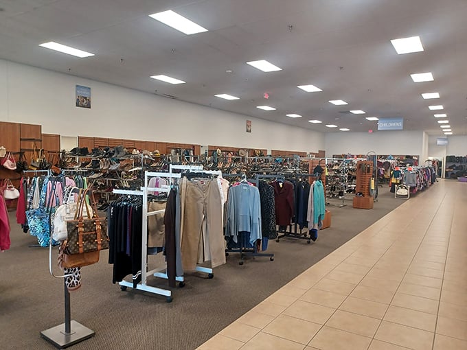 Clothing racks stretch toward the horizon like a fashionista's dream, each hanger potentially holding the jacket that makes strangers ask, "Where'd you find that?"