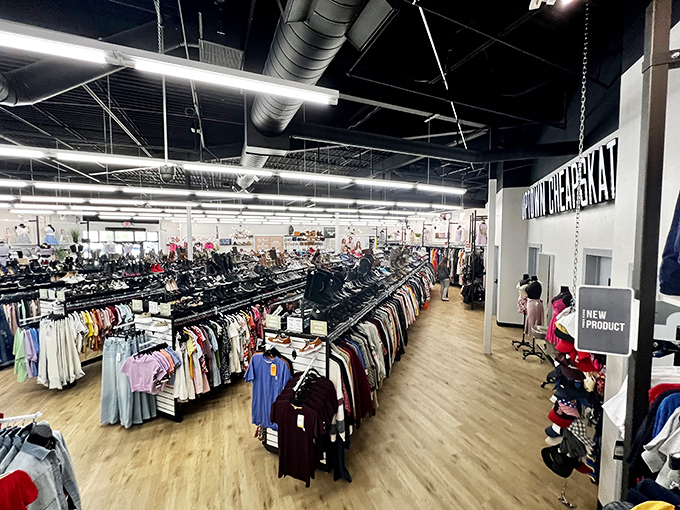 Racks on racks on racks! This isn't just shopping&mdash;it's a treasure hunt where X marks the spot on every aisle.