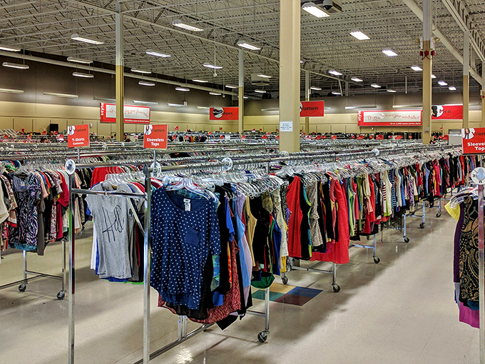 Row after row of clothing stretches toward the horizon&mdash;a textile landscape where fashion finds await the patient explorer.