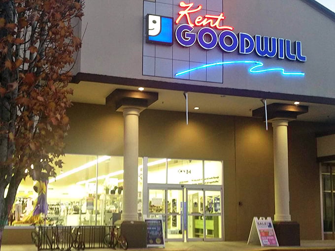 The unassuming exterior of Kent Goodwill hides a universe of possibilities within. Like a treasure chest disguised as a storage shed.