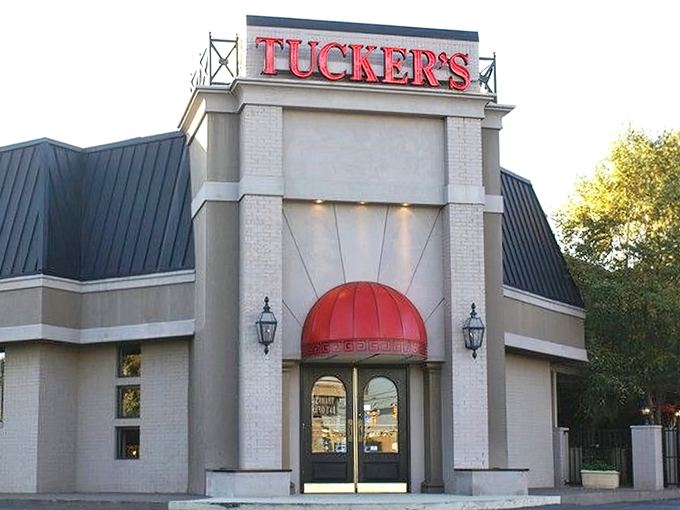 The iconic red awning and illuminated sign of Tucker's stands as a beacon for hungry travelers on Clemson Boulevard. Simple, unpretentious, and promising delicious things inside.