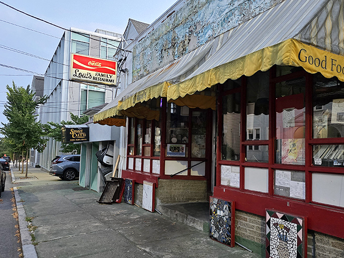 A slightly different angle reveals the "Good Food" promise on the awning – a simple claim this Providence institution delivers on daily.