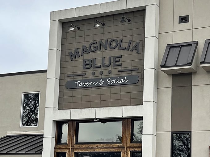 The modern facade of Magnolia Blue stands proudly in High Point, inviting hungry travelers with understated elegance.