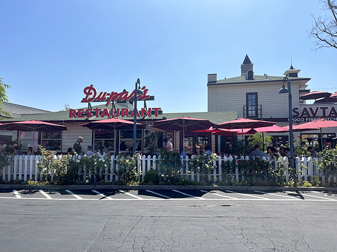 The iconic red Du-par's sign promises pancake paradise, a beacon of hope for breakfast enthusiasts everywhere.