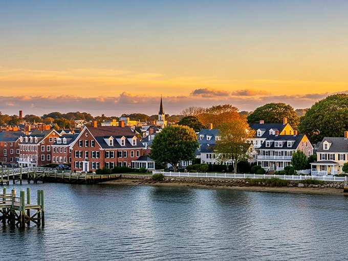 Classic New England charm overflows in Wareham's waterfront district, where brick buildings and church steeples create a postcard-worthy scene at golden hour.