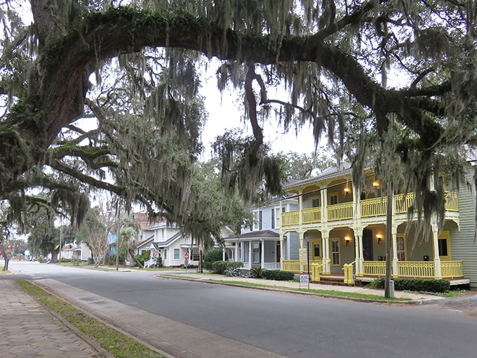 Spanish moss drapes over oak trees like nature's own interior decorator, framing colorful historic homes where front porches aren't just architectural features&mdash;they're lifestyle statements.