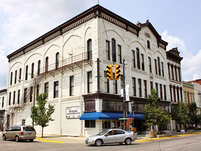 This stately white cornerstone building anchors downtown Fostoria with architectural flourishes you'd pay a premium to see elsewhere.
