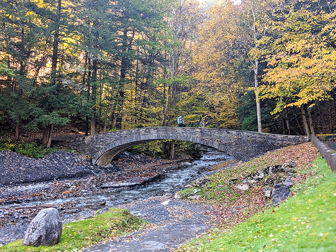 The stone arch bridge at Fillmore Glen looks like something from a fairy tale, especially when framed by autumn's golden palette.