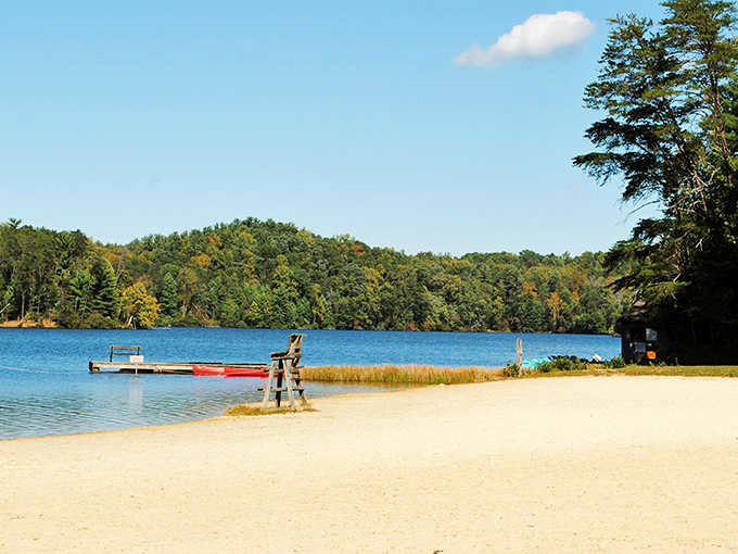 The sandy beach at Fairy Stone Lake offers that perfect "I can't believe this is in Virginia" moment. Crystal clear waters meet golden sand in a scene worthy of a travel magazine cover.