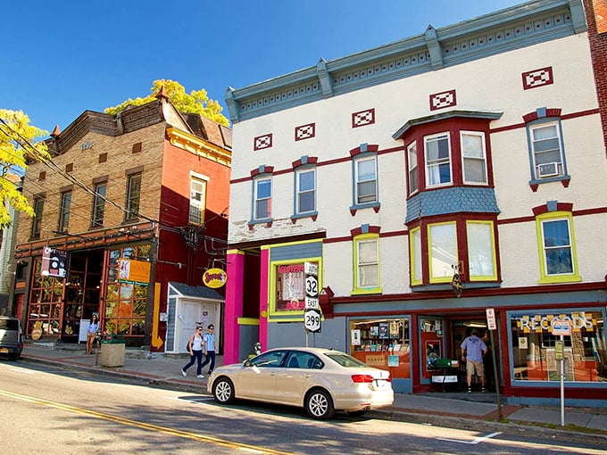 Vibrant storefronts burst with character on Main Street, proving that in New Paltz, beige is definitely not on the menu.