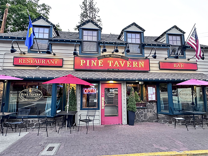 The Pine Tavern's iconic fa&ccedil;ade stands proudly in downtown Bend, where those red signs have been beckoning hungry travelers for generations. History never looked so deliciously inviting.