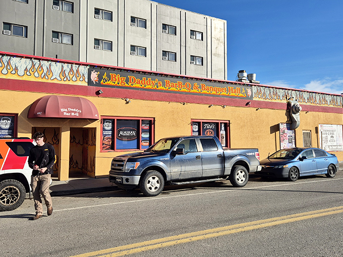 The flame-adorned exterior of Big Daddy's stands like a barbecue beacon in Fairbanks, promising smoky salvation to meat lovers braving the Alaskan frontier.